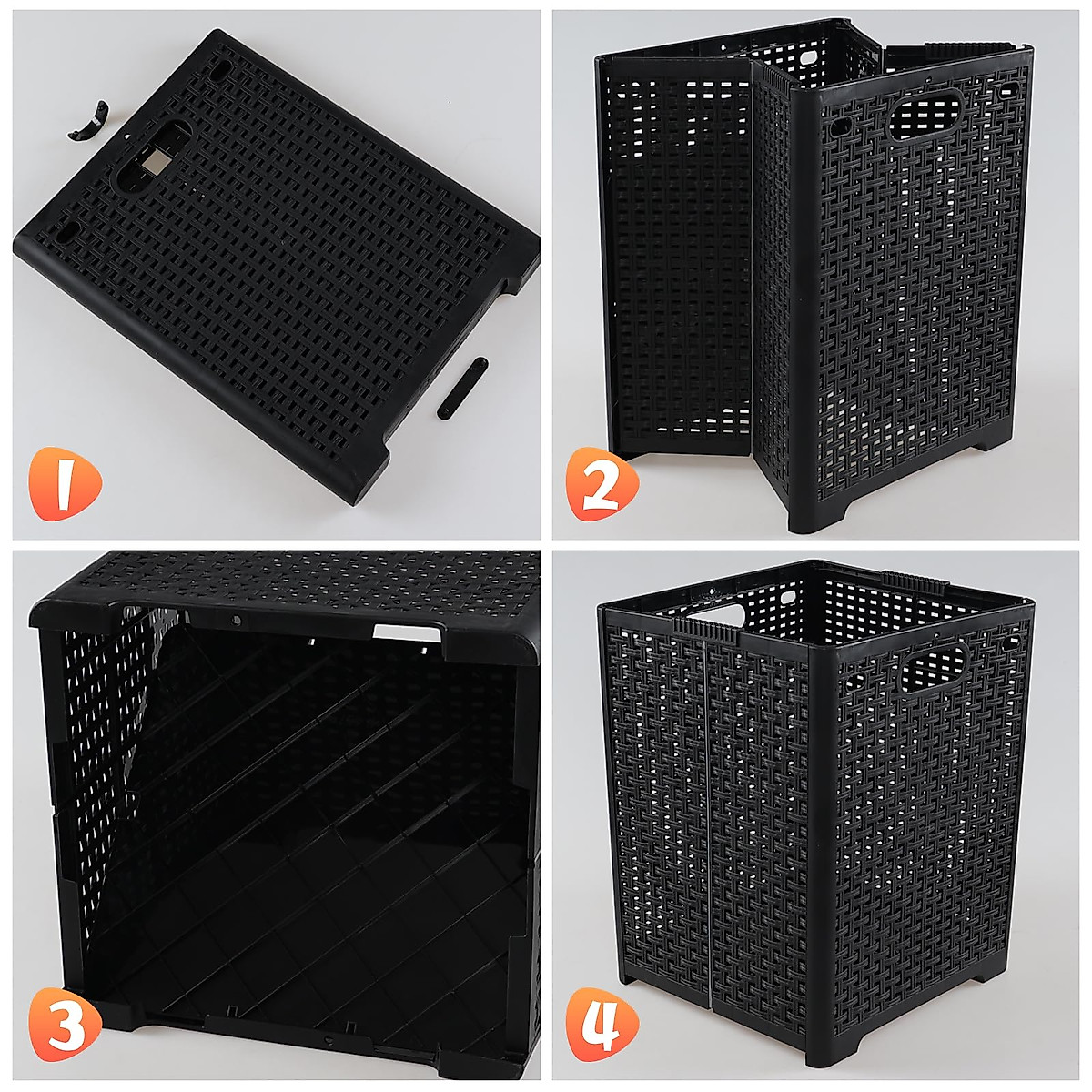 EudokkyNA 2-pack 42 Liters Collapsible Laundry Baskets, Plastic Foldable Hamper Baskets (Black)