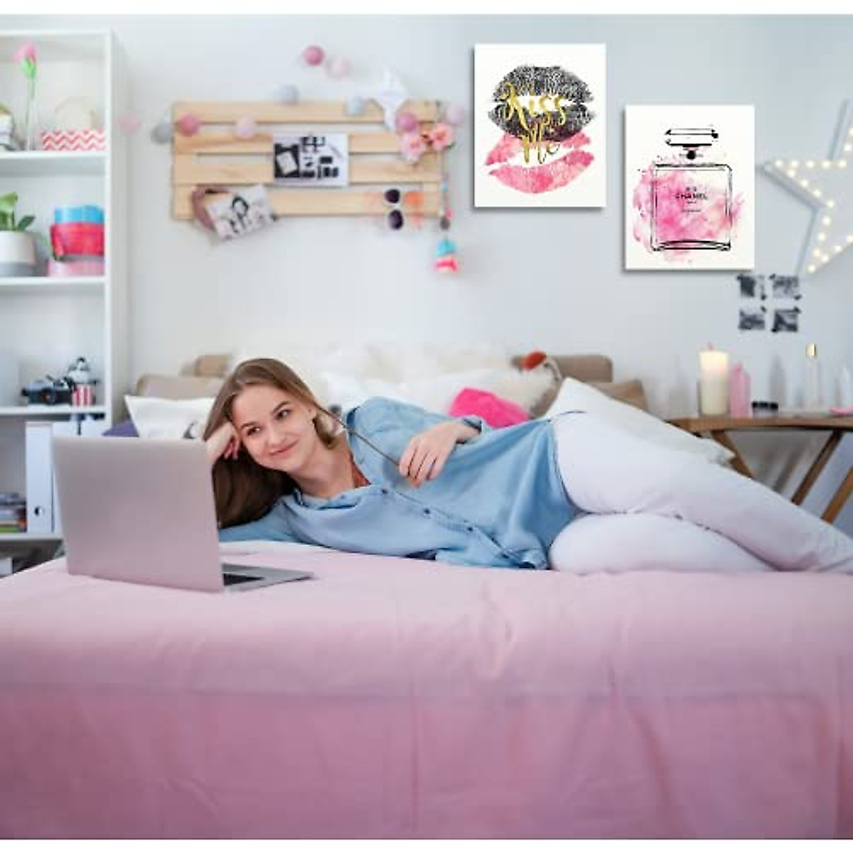 Creoate Fashion Women Canvas Wall Art for Girls Bedroom 2 Pieces Modern Pink Perfume Lady Lips Poster Canvas Print Artwork Framed Set for Women Room Decor,Wrapped Canvas,12x15 Inch x2pcs