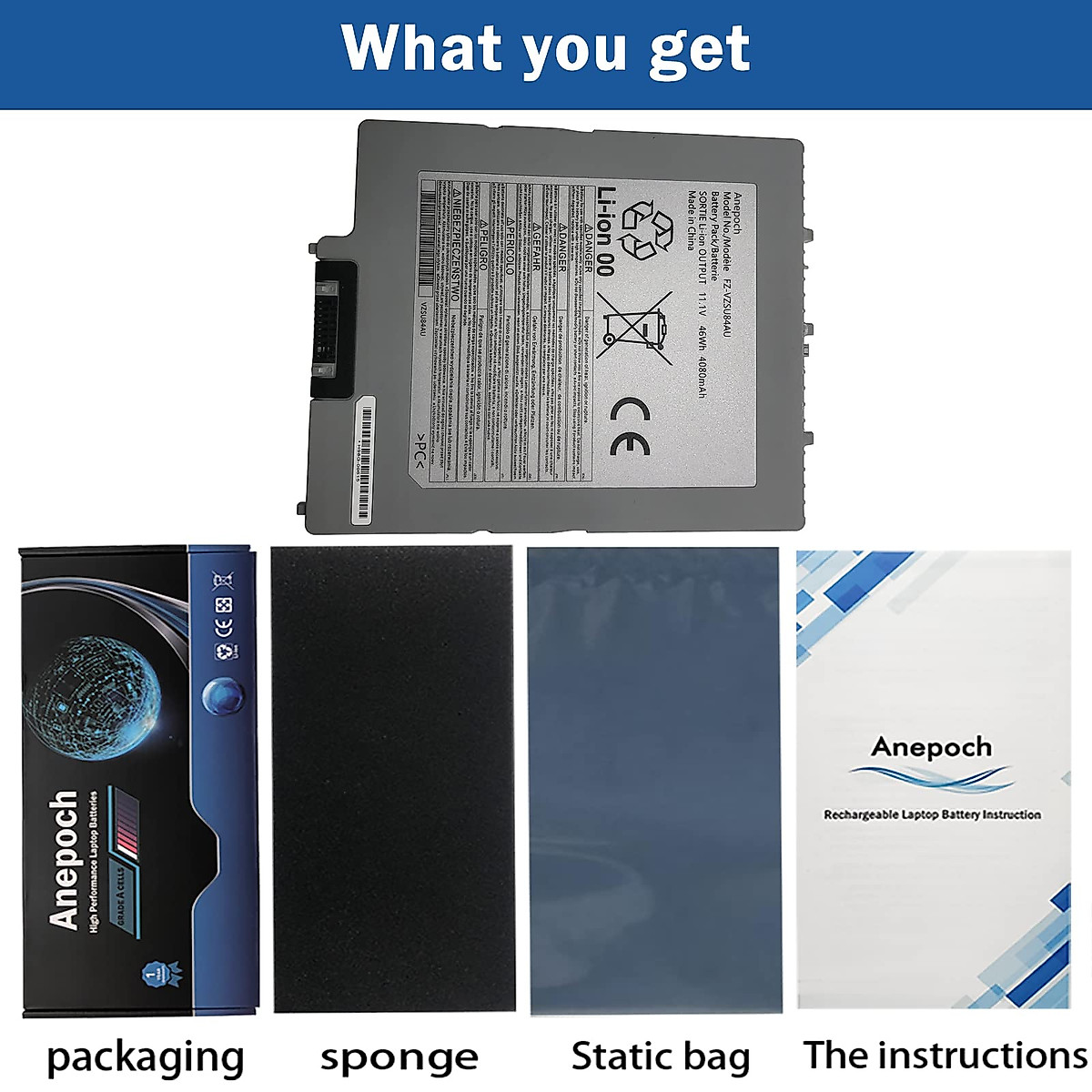 Anepoch FZ-VZSU84AU Laptop Battery for Panasonic FZ-G1 FZ-G1AABDXER Toughpad FZ-G1 Series Notebook FZ-VZSU84U FZ-VZSU96U FZ-VZSU96AU FZ-VZSU84R FZ-VZSU84UR FZ-VZSU84A2U VZSU84U 11.1V 46Wh 4080mAh