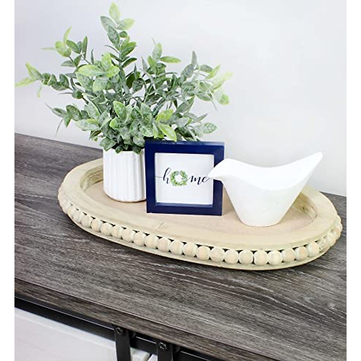 AuldHome Rustic Beaded Wood Tray Set (Set of 2); Farmhouse Distressed Oval Wooden Tray Set