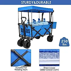 AthLike Collapsible Wagon Folding Garden Cart w/Removable Canopy, Extra Large Heavy Duty Portable Camping Beach Utilit Cart w/Adjustable Push Pull Handle, 7" Wide All-Terrain Wheel for Shopping Picnic