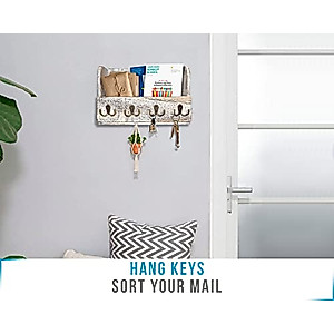 Comfify Wooden Wall Mount Mail Holder Organizer – Rustic Key Holder Organizer for Wall – Magazine Holder with 4 Double Key Hooks – Distressed White Rustic Wall Décor for Entryway
