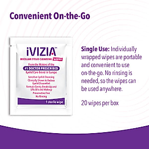 iVIZIA Eyelid Cleansing Wipes for Sensitive Eyelid Cleansing, Preservative-Free, Micellar, No Rinse, Gentle Eye Makeup Remover, 20 Sterile Single-Use Wipes for Eyelids