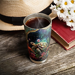 20oz Stained Glass Flower Sea Turtle Tumbler, Gifts for Turtle Lovers, Ocean, Beach Gifts, Coffee Thermos for Women, Stainless Steel Double Wall Vacuum Insulated Coffee Mug, Travel Cup with Lid