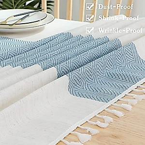 JIALE Tablecloths for Rectangle Tables,Cotton Linen Table Cloth Waterproof Tablecloth Wrinkle Free Farmhouse Dining Table Cover,Soft Fabric Table Cloths with Tassels,Blue & White,55" X 86",6-8 Seats