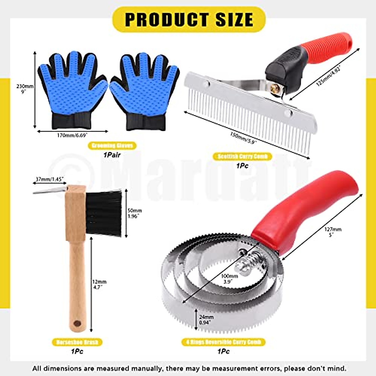 Mardatt 5Pcs Horse Groomer Tools Set Includes 4-Rings Reversible Stainless Steel Curry Comb, Grooming brushes and Gentle Deshedding Brush Gloves for Long & Short Fur Horse Pet Bathing Cleaning