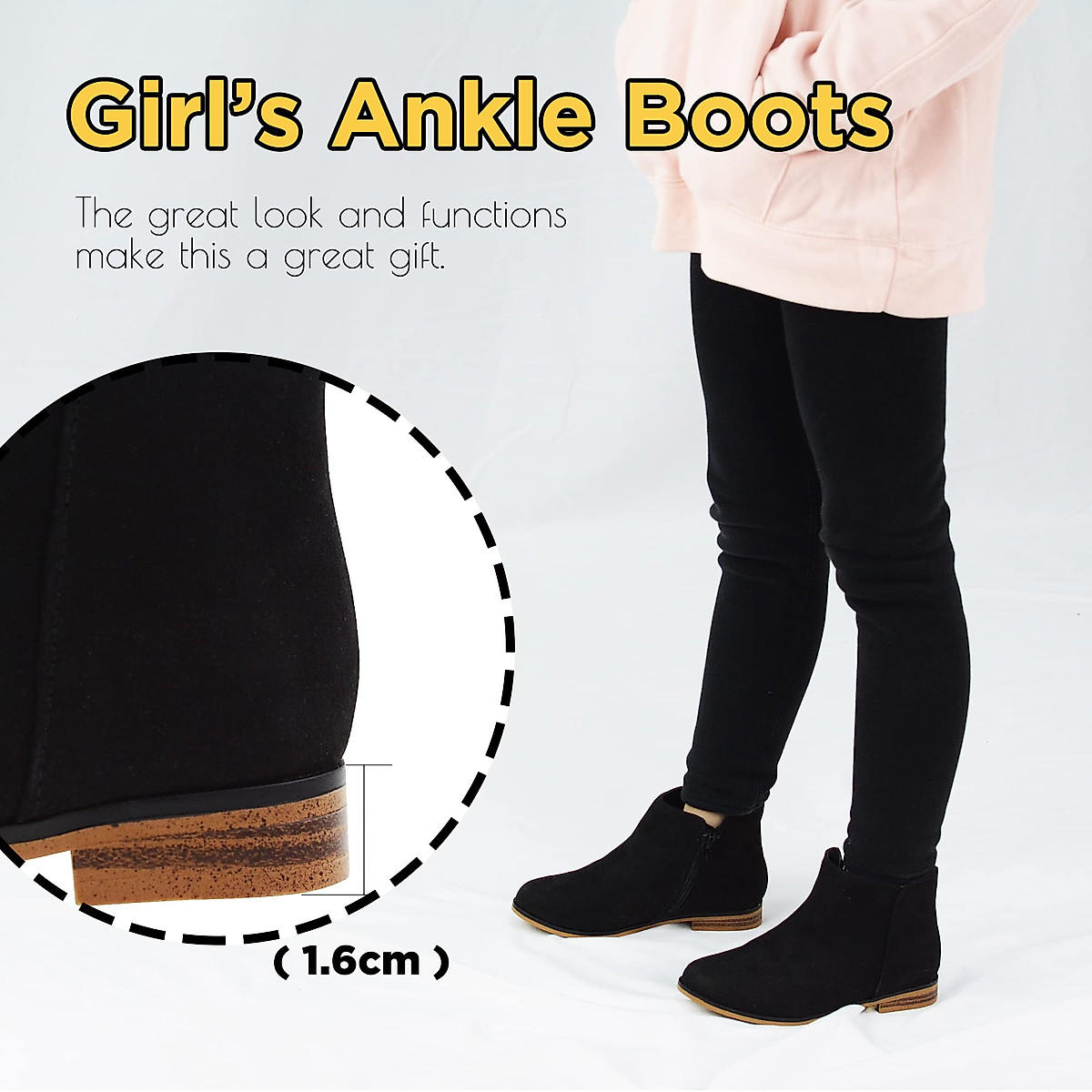 FLYFUPPY Girls Boots Ankle Boots for Girls Side Zipper Short Suede Booties Fashion Boots for Toddler/Little/Big Kids Black US 12