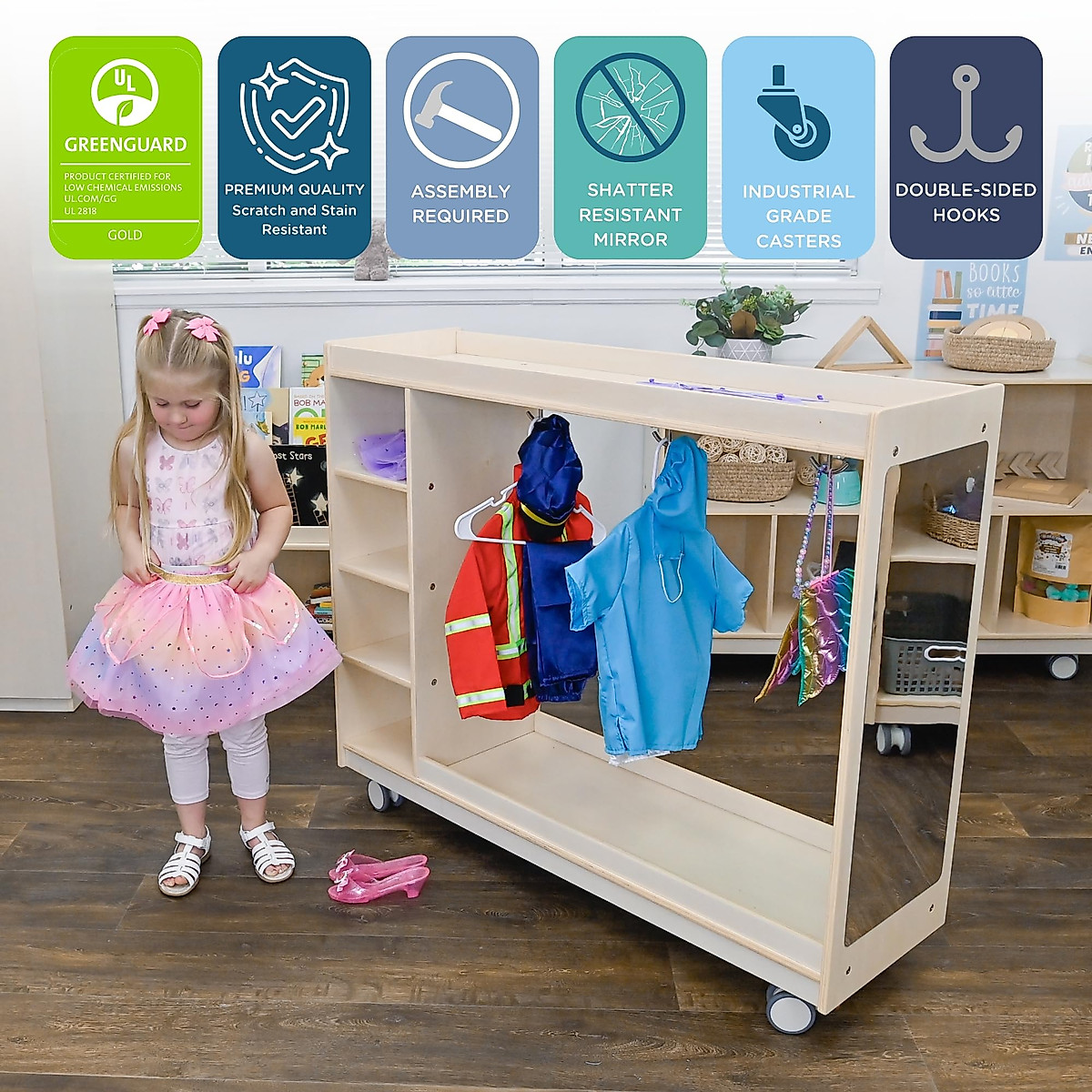 Children’s Factory Mobile Dress Up Storage with Mirrors, Classroom, Nursery, and Daycare Furniture, Kids Pretend Play Organizer, Toddler Cubbies