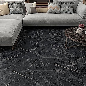VaryStyle 20 Pack Black Marble Peel and Stick Waterproof Vinyl Floor Tiles 12"x12" Self Adhesive Removable Sticky Tiles for Kitchen Bathroom Bedroom Floor Walls