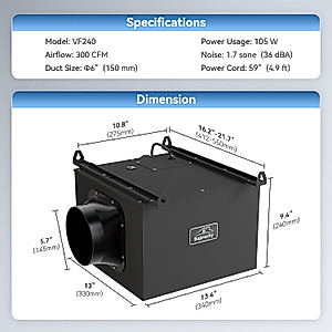 SUPROCKY Ultra Quiet Bathroom Exhaust Fan, Remote Mount In Line Fan 300CFM, Bathroom Exhaust Ventilation Fan for Bathroom, Kitchen, Garage and Residential Ventilation Applications, Black (VF240)