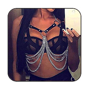 Ludress Punk Layered Chest Chain Black Leather Bar Chain Rave Cricle Body Chain Ring Vest Harness Body Jewelry Cospaly Nightclub Accessory for Women