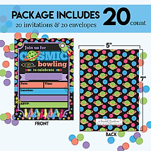 Cosmic Bowling Birthday Party Invitations for Out of This World Glow in the Dark Bowling Parties, 20 5x7 Fill In Cards with Twenty White Envelopes by AmandaCreation