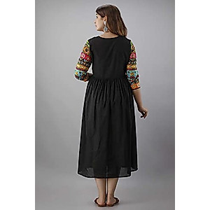 Women's Rayon Floral Printed Anarkali Kurti With Tassels (Black-Medium/38)