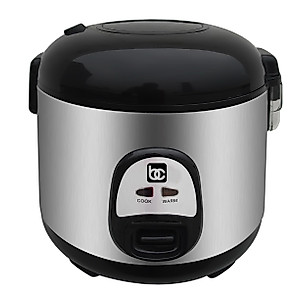 Bene Casa 7 cup stainless-steel thermo rice cooker, stainless steel and black design, cool touch rice cooker, simple operation, dishwasher safe.
