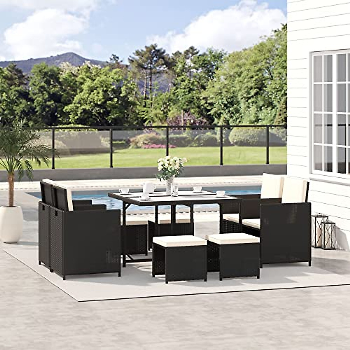 Outsunny 9 Piece Patio Wicker Dining Sets, Space Saving Outdoor Sectional Conversation Set, with Dining Table, Ottoman and Chair & Cushioned for Lawn Garden Backyard, Black