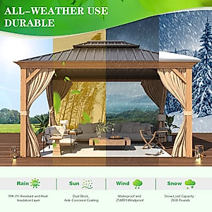 Erinnyees 10' X 12' Aluminum Wood Grain Hardtop Gazebo, Outdoor Aluminum Double Roof with Privacy Curtain and Mosquito Net for Patio, Garden, Lawn Deck (Wood Looking)