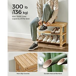 SONGMICS Hall Tree with Bench, Coat Rack Shoe Bench Set, Entryway Furniture, Multifunctional, 5 Double Metal Hooks, 3-Tier Bamboo Shoe Rack, for Entryway, Hallway, Bedroom, Natural Beige ULCR004N01