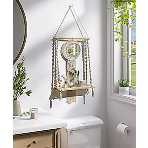 Sonefreiy Macrame Wall Hanging Shelf Boho Rope Shelves with Mirror Dreamcatcher Bohemian Wall Decor for Bedroom, Bathroom, Living Room