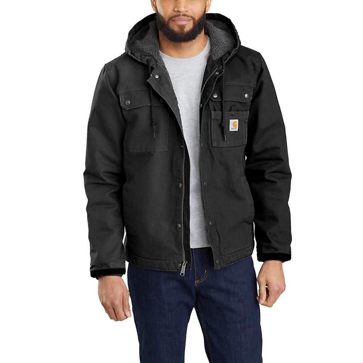 Carhartt Mens Relaxed Fit Washed Duck Sherpa-lined Jacket Work Utility Outerwear, Black, Large US