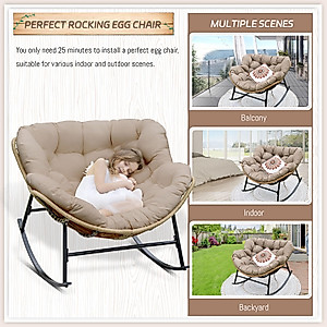BULEXYARD Outdoor Papasan Rocking Chair with Padded Cushion, Oversized PE Rattan Comfy Royal Rocking Chair Indoor, Modern Comfy Patio Egg Mamasan Rocker Lounge Chair (2 Pcs, Brown)