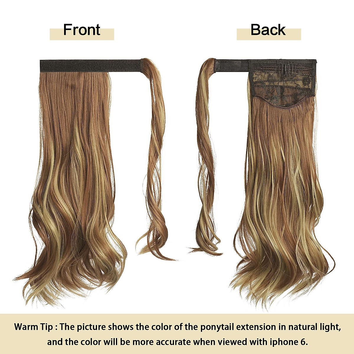 SOFEIYAN Curly Ponytail Extension 15 Inch Heat Resistant Synthetic Natural Wavy Hairpiece Wrap Around Pony Tail Hair Extensions for White Black Women Hair Piece, Brown & Blonde