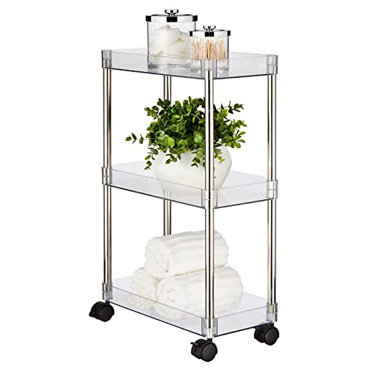 mDesign Slim Portable 3-Tier Household Rolling Storage Cart for Bathroom, Kitchen, Craft Room, Laundry Room, Office, and Kid's Playroom - 4 Rotating Wheels - Clear/Chrome