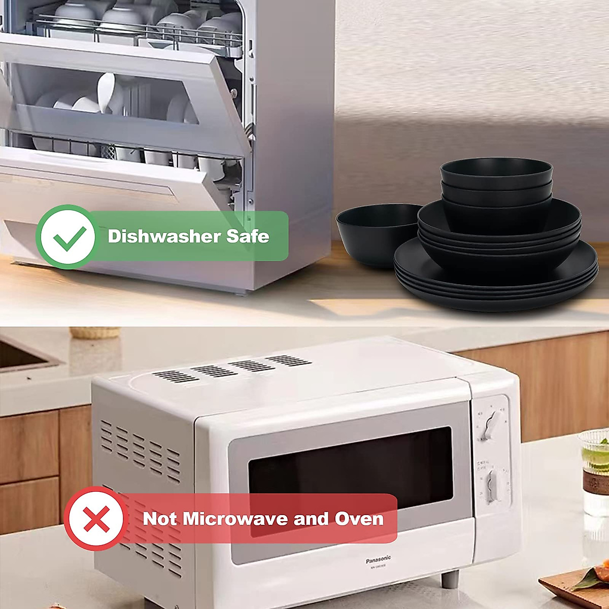 LEHAHA Bamboo Fiber Melamine Dinnerware Sets, Black Kitchen Plates and Bowls Sets, Unbreakable Dishes Set for 4, Eco-friendly Lightweight 12 Piece Dinnerware Sets for Parties & Camping