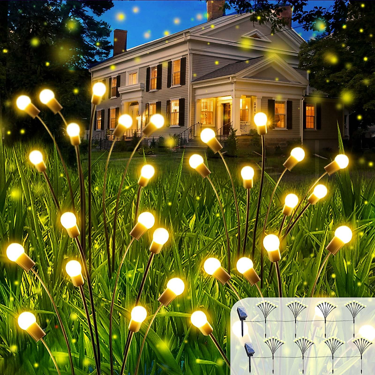 8Pack Total 64LED Solar Christmas Lights Solar Garden Lights Outdoor, Solar Firefly Lights, Waterproof Solar Fairy Lights Outdoor for Garden Yard Christmas Decoration(Warm White)