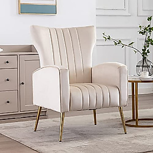 KCC Velvet Accent Living Room Chairs Set of 2, Mid Century Armchair with High Back for Bedroom, Upholstered Single Sofa with Golden Metal Legs,Cream