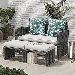 OC Orange-Casual Outdoor Loveseat Patio Furniture Rattan Conversation Set with Ottoman, White Cushions, Grey Wicker, Pillows Included