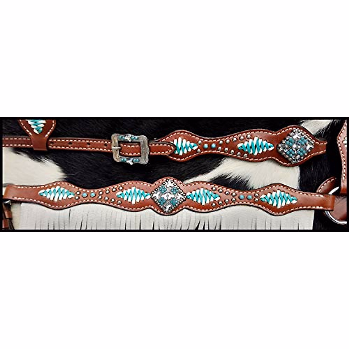Turquoise and White Leather Laced One Ear 4 Piece Headstall and Breast Collar Set with Fringe.