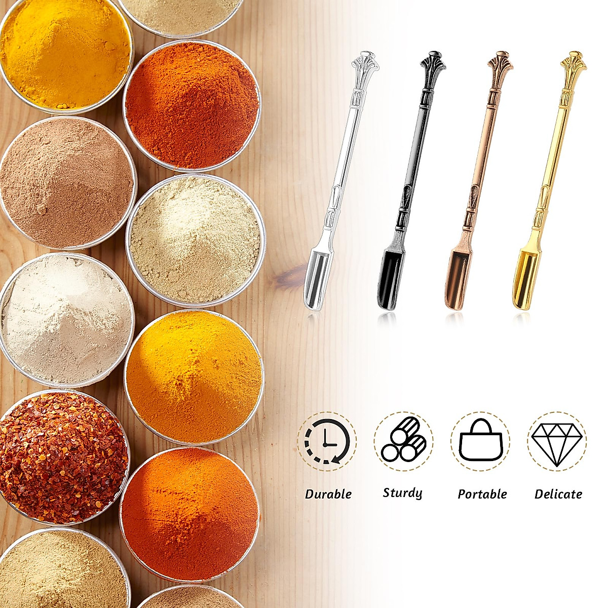 Mini Spoons Set of 4 Mini Shovel Spice Spoon Small Spoons for Spice Small Salt Spoon Mini Spatulas Spoon Tiny Spoons for Powder Small Gold, Silver, Antique Brass, Black Gray Spoons
