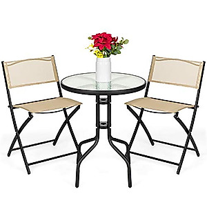 Best Choice Products 3-Piece Patio Bistro Dining Furniture Set w/Textured Glass Tabletop, 2 Folding Chairs, Steel Frame, Polyester Fabric - Beige