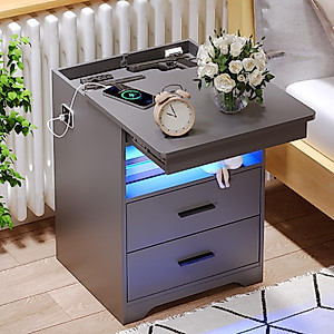 Nightstand with Gun Drawer, Charging Bedside Table with USB & Type-C Port, LED Night Stand with Human Sensor Light, Modern End Table with Drawers for Bedroom Office, Grey
