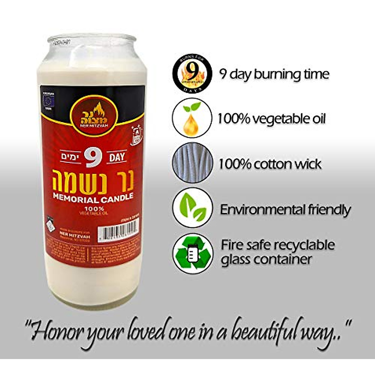 Ner Mitzvah 9 Day Yahrzeit Candle - 2 Pack Kosher White Yahrzeit Memorial Candles - Yom Kippur and Holiday Candle in Glass Jar - 100% Vegetable Oil Wax Prayer Candle