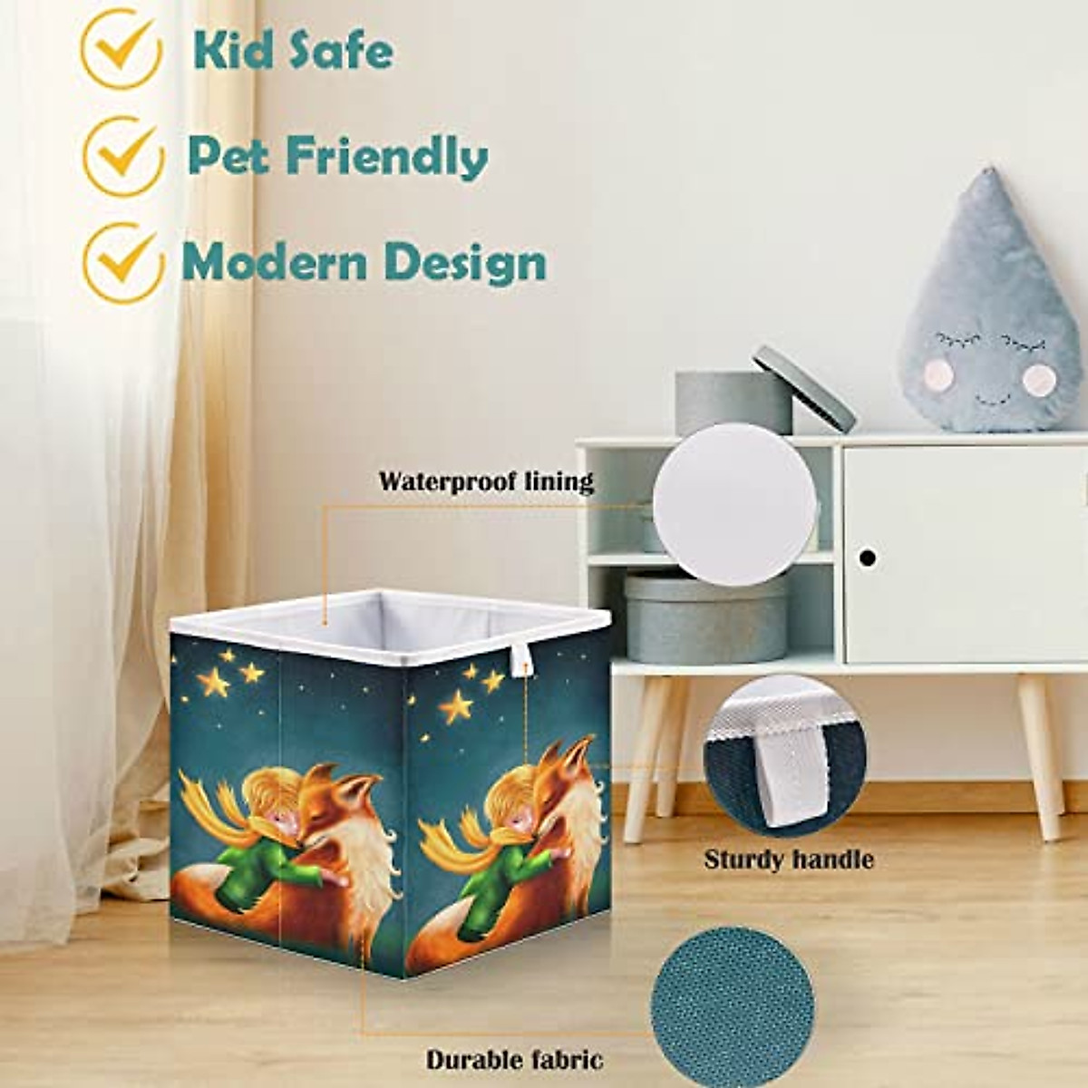visesunny Closet Baskets Cute Boy and The Fox2 Storage Bins Fabric Baskets for Organizing Shelves Foldable Storage Cube Bins for Clothes, Toys, Baby Toiletry, Office Supply