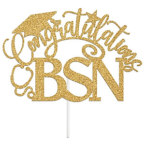 Ferburitar Congratulations BSN Cake Topper, Congrats Nurse/RN Cake Decor, 2025 Nursing School Grad Graduation Party Decorations Supplies, Gold Glitter