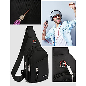 YERCHIC Small Sling Bag for Men Crossbody One Strap Casual Daypack Bag with Earphone Hole for Travel Outdoor Sports (Black)