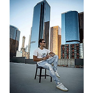 RAW X Men's Skinny Stretch Neon Trim Rip & Repair Jeans, Athletic Fit Destroyed Distressed Washed Denim Straight Leg Pants, Neon 90015 - Jet Black, 48W x 32L