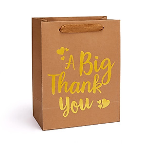 6-Pack Extra Heavy Duty Kraft Paper Bags, 10.3" x 4.5" x 8.2" Medium Gift Bag - Gold Foil"A Big Thank You", Sturdy, Durable Bag for Weddings, Birthdays, Baby Showers, St. Valentine's Day,Washington’s Birthday,St. Patrick’s Day,April Fool’s Day,Easter,Grad