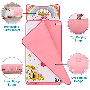 Wowelife Toddler Sleeping Bag Unicorn Toddler Nap Mat with Removable Pillow for Boys Girls Daycare Preschool Kindergarten,Carry Handle with Straps Closure, 50 * 20 Inch(Pink)