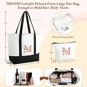 Personalized Customized Friend Birthday Gifts, Floral Ini-tial Large Tote Bag for Women, Can-vas Beach Bag w Makeup Bag, Bridesmaid Grandma Mother Gifts w Inner Pocket, Top Zi-pper, Gift Box, Card C