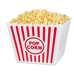 TDST Set of 4 Large Plastic Popcorn Tubs, 8.75x8.75 in. Retro Classic Red and White Striped Bowl Reusable Movie Theater Bucket with Bonus TDST Upendo