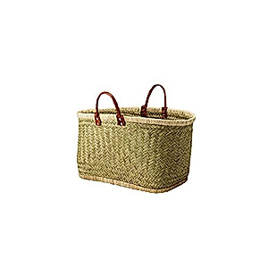 Serene Spaces Living Small Handmade Straw Tote Paired with Leather Handles, Raffia Lined Handbag, Straw Beach Bag, Summer Tote for Everyday Use, Grocery Shopping, 19.5" Long, 8.5" Wide & 10.5" Tall