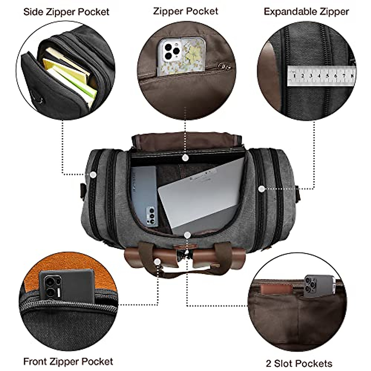 Wildroad 50L Travel Duffel Bag, Expandable Canvas Genuine Leather Duffle Bag Upgraded Overnight Weekender Bag Carry on Bag