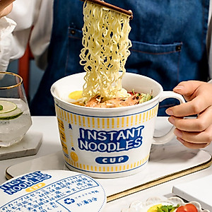 Ramen Noodle Bowl with Lid Creative Instant Noodle Cooker Bowl Large Japanese Ceramic Soup Bowl with Handle (F)