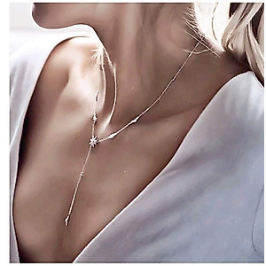 Crystal Star Drop Y Necklace for Women 925 Sterling Silver 14K White Gold Plated Charms CZ Diamond Snowflake Starlet Bar Pendant Lariat Chain Delicate Huggie Adjustable Shiny Jewelry Gift Box