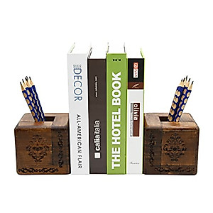 OwlGift Rustic Brown Solid Bamboo Decorative Bookends w/ Laser Engraved, Office Desk Book Stand with Stationery Holder and Pencil Cup, 1-Pair