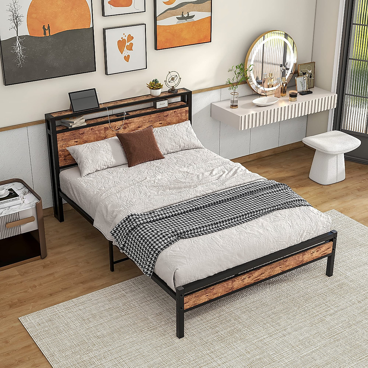 HOJINLINERO Full Size Bed Frame with Storage Headboard/USB Charging Station,Metal Platform Bed Frame Full Size No Box Spring Needed,Noise-Free,Strong Steel Slats Support,Rustic Brown