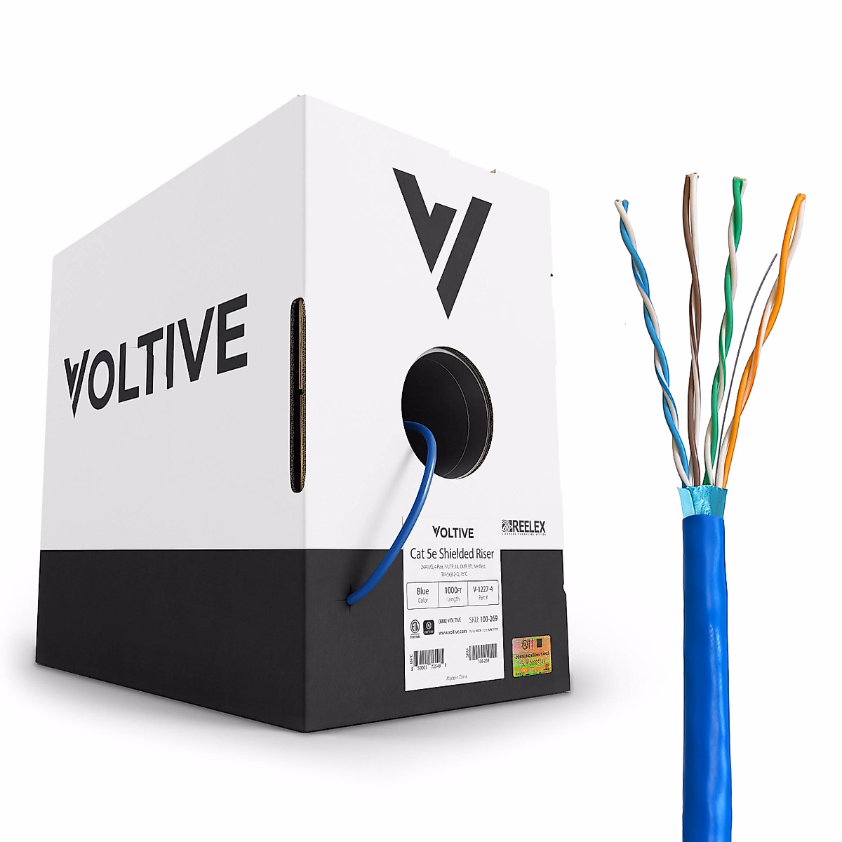 Voltive Cat5e Shielded Riser (CMR), 1000ft, Blue - Solid Bare Copper Bulk Ethernet Cable - FTP - 350MHz - UL Certified & ETL Verified